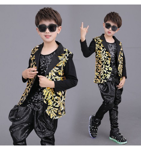 Boy's baby black with gold sequined jazz dance vests modern drummer ...