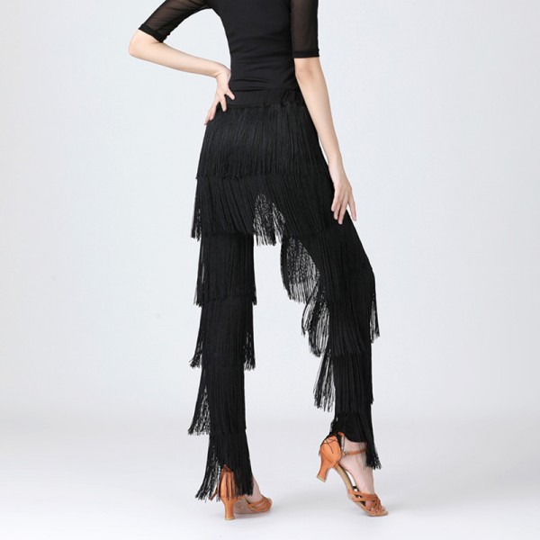 Black red royal blue layers tassels latin dance pants for women girls ...