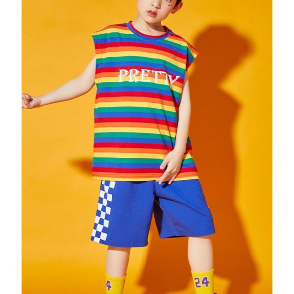 children Girls kids rainbow striped dance outfits for rapper hiphop ...