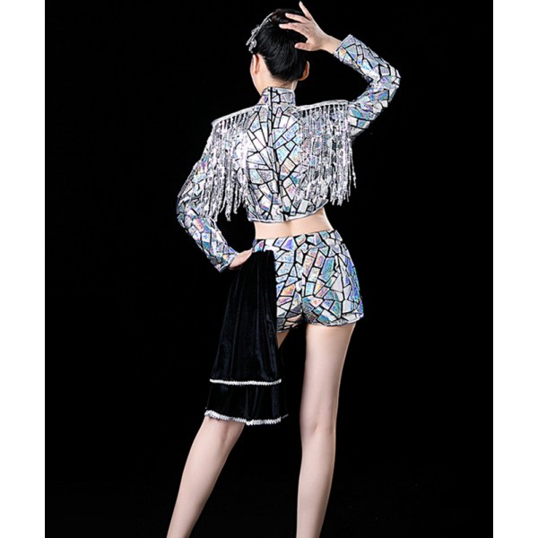 laser Silver sequined glitter jazz dance costumes for women girls ...