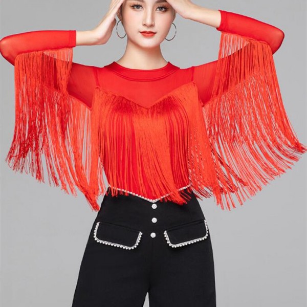 Latin Ballroom Dance Tops For Women : Black red fringe latin ballroom ...
