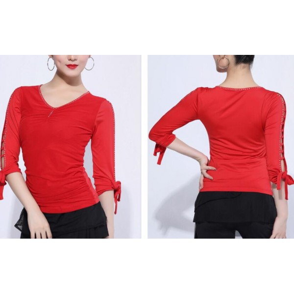 Black red hollow sleeves Latin ballroom dance tops female adult ...