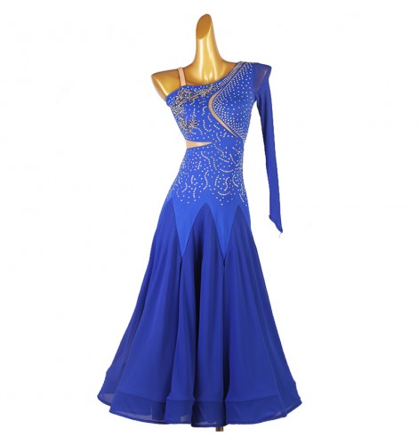 Custom size royal blue black competition one shoulder ballroom dancing ...