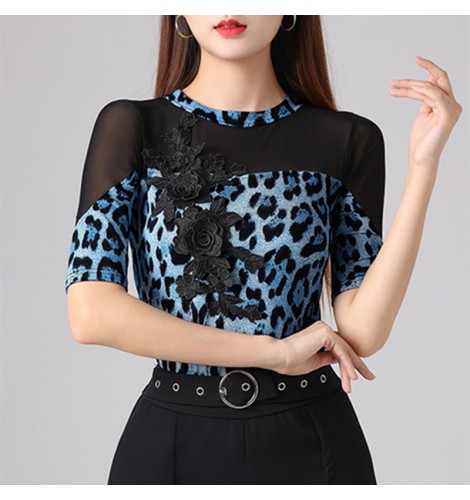 Women Blue Leopard Ballroom Latin Dancing tops Girls salsa chacha rumba ...