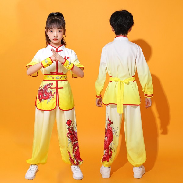 Children Girls Chinese Dragon Wushu Performance Clothing Red Yellow ...
