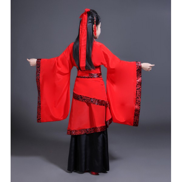 Children girls red hanfu princess fairy dresses chinese ancient folk ...
