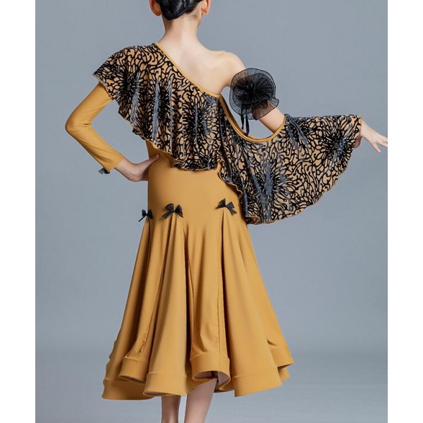 Girls kids yellow leopard velvet ballroom dance dresses modern junior ...