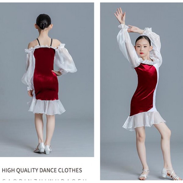 Girls kids children red velvet with white latin dance dresses salsa ...