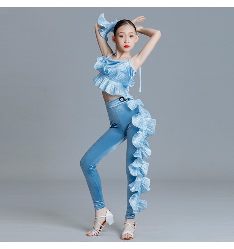 Girls kids blue white with red ruffles latin dance costumes modern ...