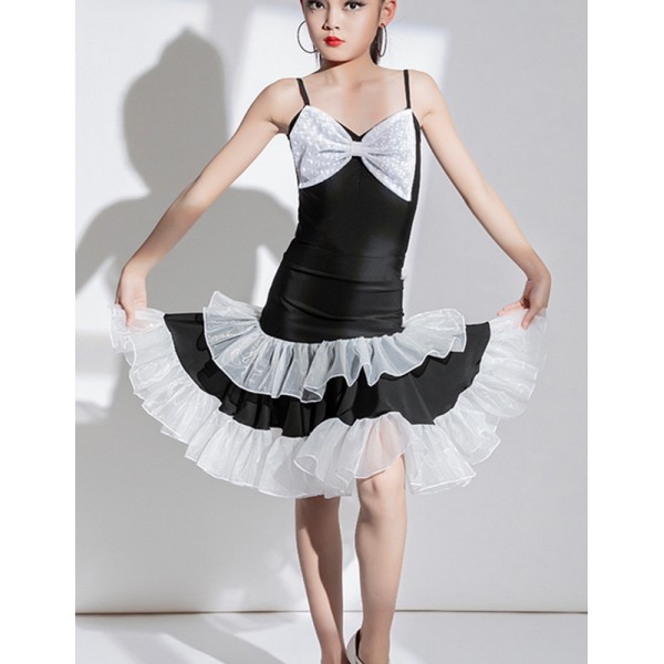 Girls kids black with white bowknot latin dance dresses ruffles ...