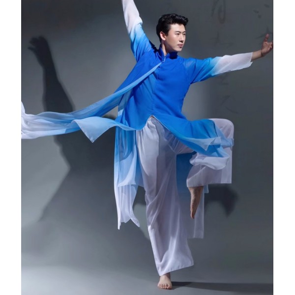 Blue Gradient Chinese folk dance costumes for men youth chinese kungfu ...