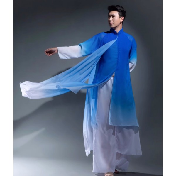 Blue Gradient Chinese folk dance costumes for men youth chinese kungfu ...