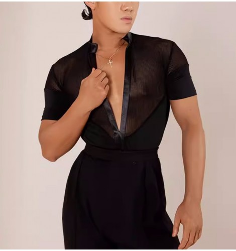 Black mesh patchwork ballroom Latin dance shirts for male youth men ...