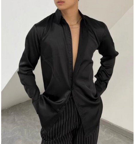 Ballroom Latin Dance Black satin shirt for unisex waltz tango salsa ...