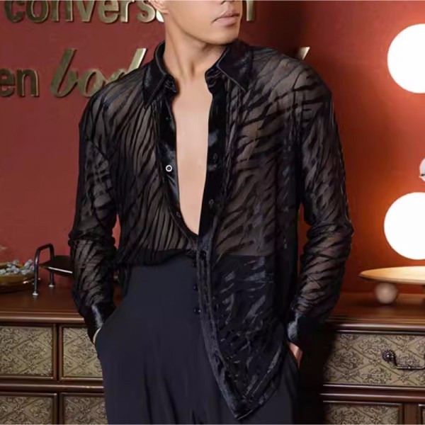 Latin Ballroom dance shirts for youth men male zebra mesh print modern ...