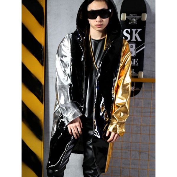 Men Gold silver street jazz dance long coats youth gogo dancers hiphop ...