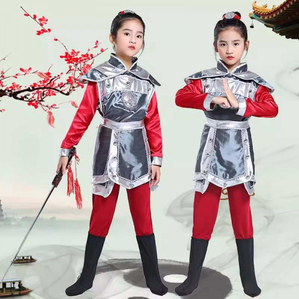 Chinese folk Mulan dance costume girls boys ancient swordsman warrior ...