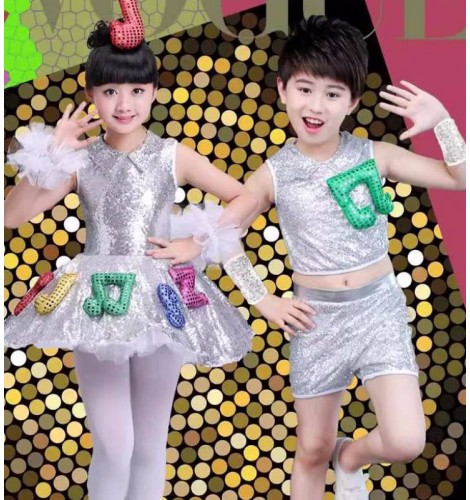 Girls kids silver sequin jazz dance musical note costumes for children ...