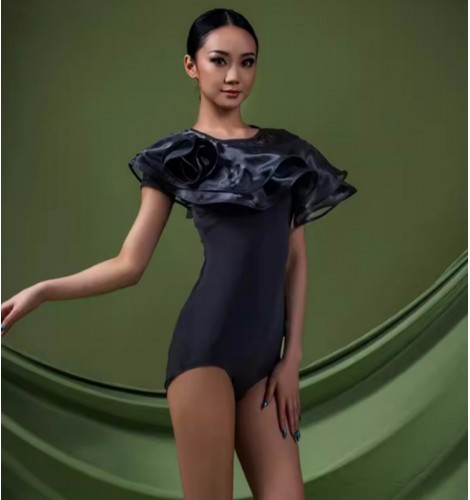 Black ruffles latin ballroom dance jumpsuits for women girls waltz ...