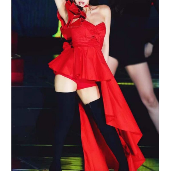 Women girls gogo dancers performance costumes red color slant neck jazz ...