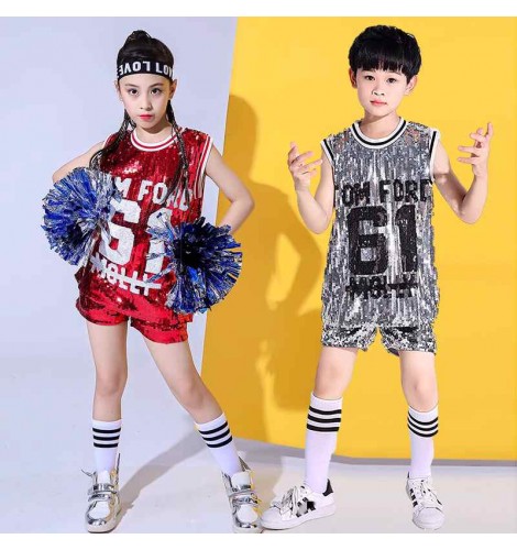 Children jazz dance costumes for girls boys silver red sequins hip hop ...