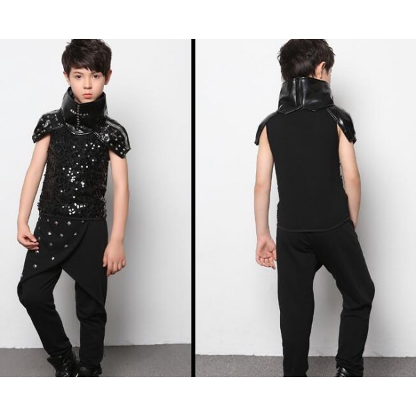 Black leather rivet sequins boys kids children modern dance fashion ...