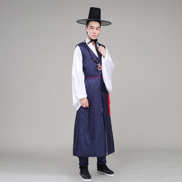 Light blue navy men's male long length traditional hanbok korean palace ...