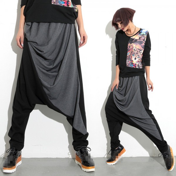 Hiphop Wear : Black grey cotton women's dropped crotch baggy loose ...
