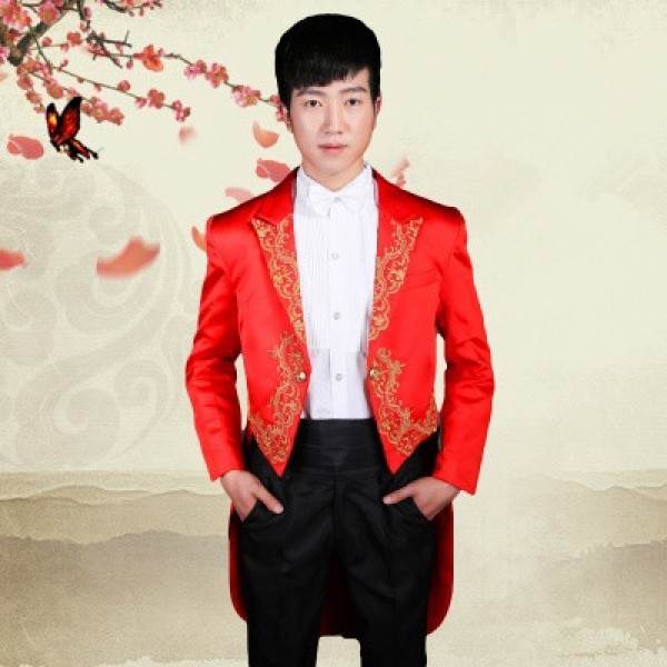 Black red white embroidery pattern men's male stage performance singer ...