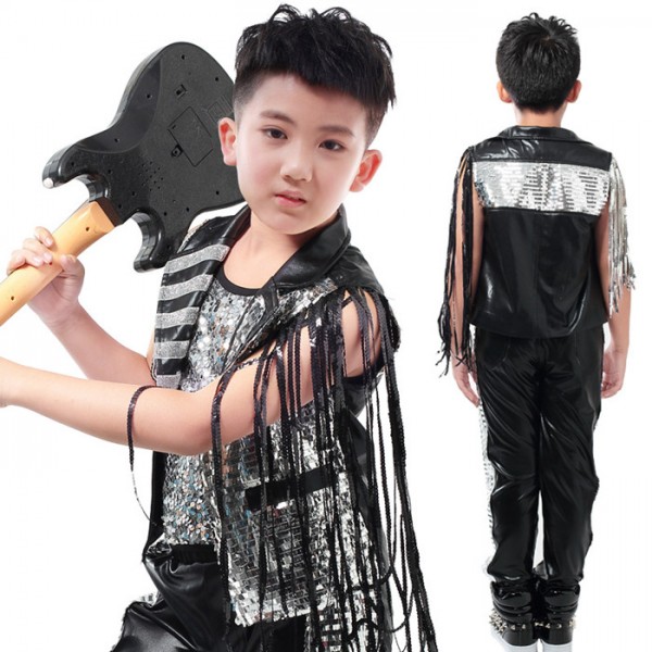Black silver patchwork leather boys kids children stage performance ...