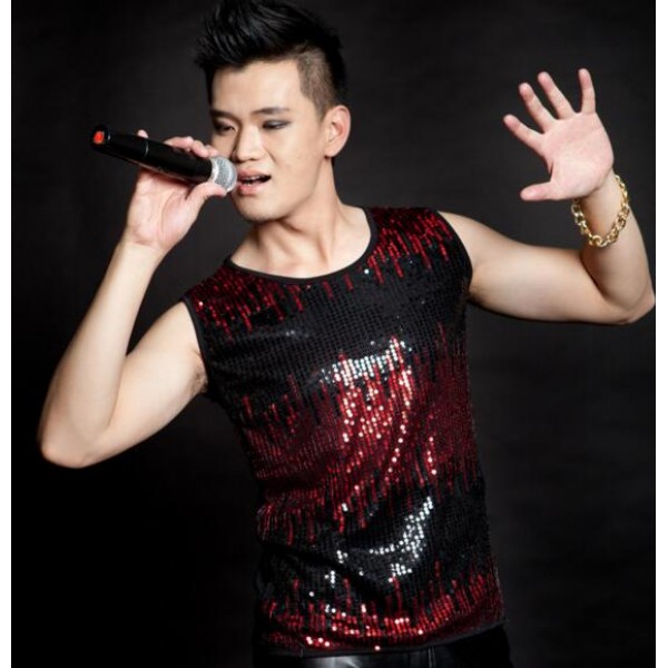 Red silver sequins patchwork spandex men's man male stage performance ...