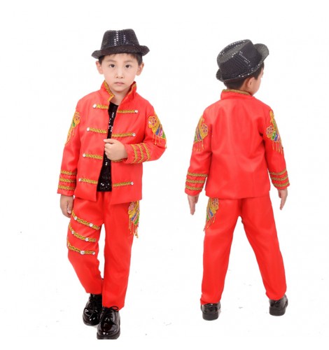 Boy modern jazz dance costumes red colored with gold street singers ...