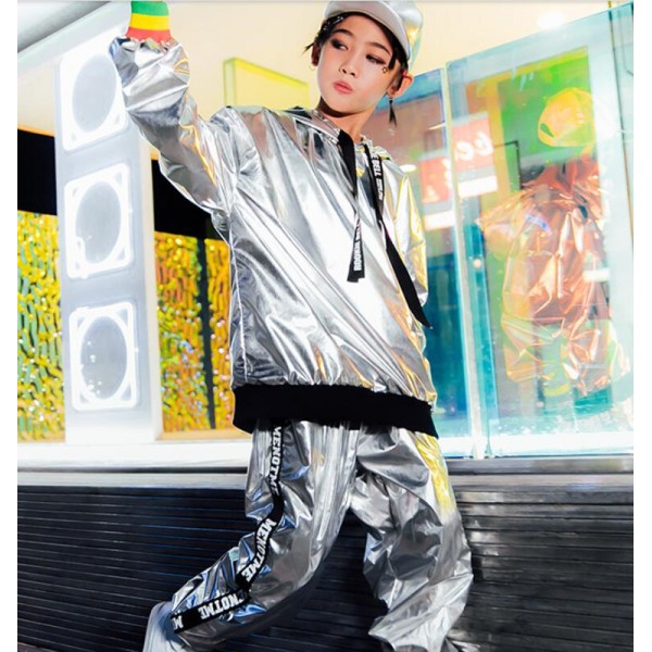 Children boy hip-hop street rapper dance costumes Boys silver glitter ...