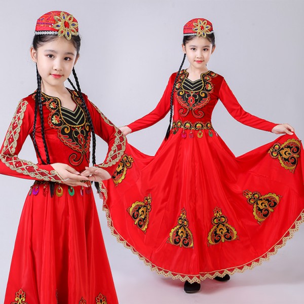 Girls Chinese Folk Dance Dress Xinjiang Uygur Minority Belly Stage