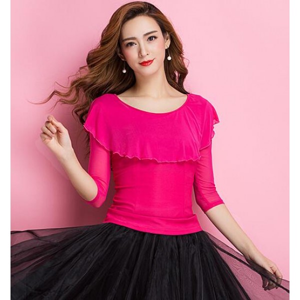 Fuchsia hot pink long sleeves ruffles neck women's ladies female ...