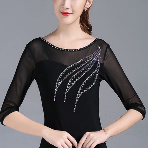 rhinestones black colored women's ballroom dancing tops stage ...
