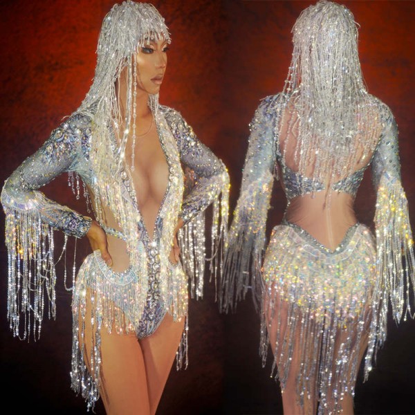 Silver Tassels Paillette Jazz Dance Jumpsuits For Women Girls Female