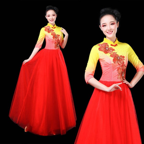 Women's modern dance chorus singers dresses fairy pink red yellow blue ...