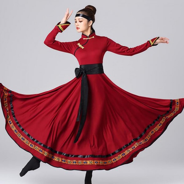 Women's wine colord mongolian dance dresses stage performance drama ...